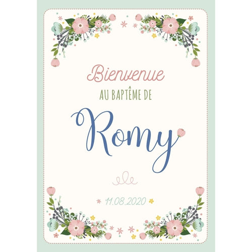 Affiche bienvenue baptême fille, fleurs champêtre. – Omade
